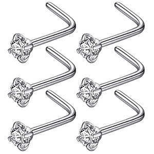 BLESSMYLOVE 6pcs 20g 3.0mm Clear CZ 316L Surgical Steel Silver Nose Studs Nostrial Piercing Body Jewerly L Shaped Studs for Women, Cubic Zirconia Stainless Steel Nose Rings