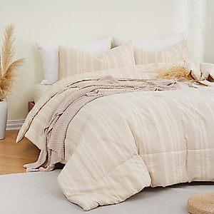 MOVE OVER Striped Linen Comforter Set Queen Linen Cotton Blend Bedding Comforter Set 3 Pieces Wide and Narrow Stripe Design Neutral Style Flax Comforter Set for All Season