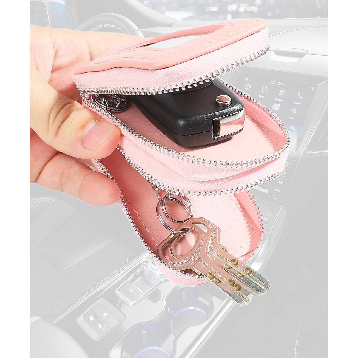 Zlirfy Car Key Cover,Car Key Holder,Leather Car Key Fob Case,Car Accessories Key Fob Protector,Vehicle Remote Key Fob,Car Key Holder Keychain Ring Case Bag (Pink)