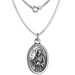 Sterling Silver St Jude Medal Necklace Oxidized finish Oval 24 inch 1.8mm Chain