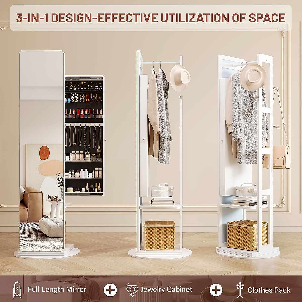 LVSOMT 360° Swivel Jewelry Armoire, Rotatable Full Length Mirror with Jewelry Storage, Standing Jewelry Cabinet with Coat Rack, White, Soild Wood