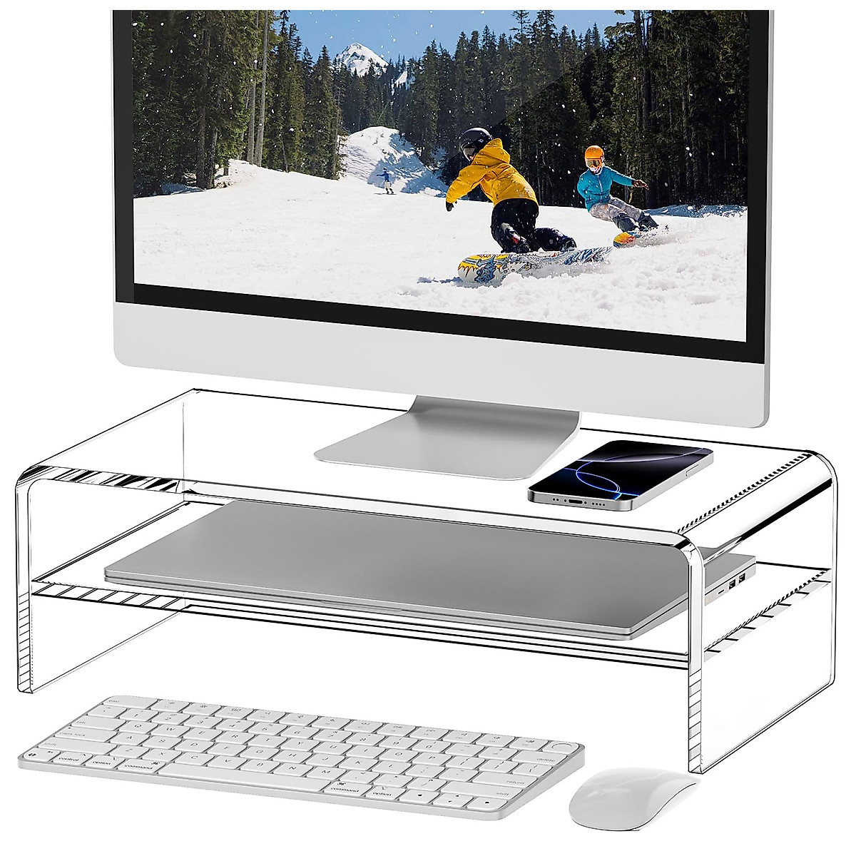 Egchi Clear Acrylic Monitor Stand Riser 2 Tier, 5.5 Inches High Clear Monitor Stand/Computer Desk Organizer Shelf for Multi Media Computer PC Storage Laptop