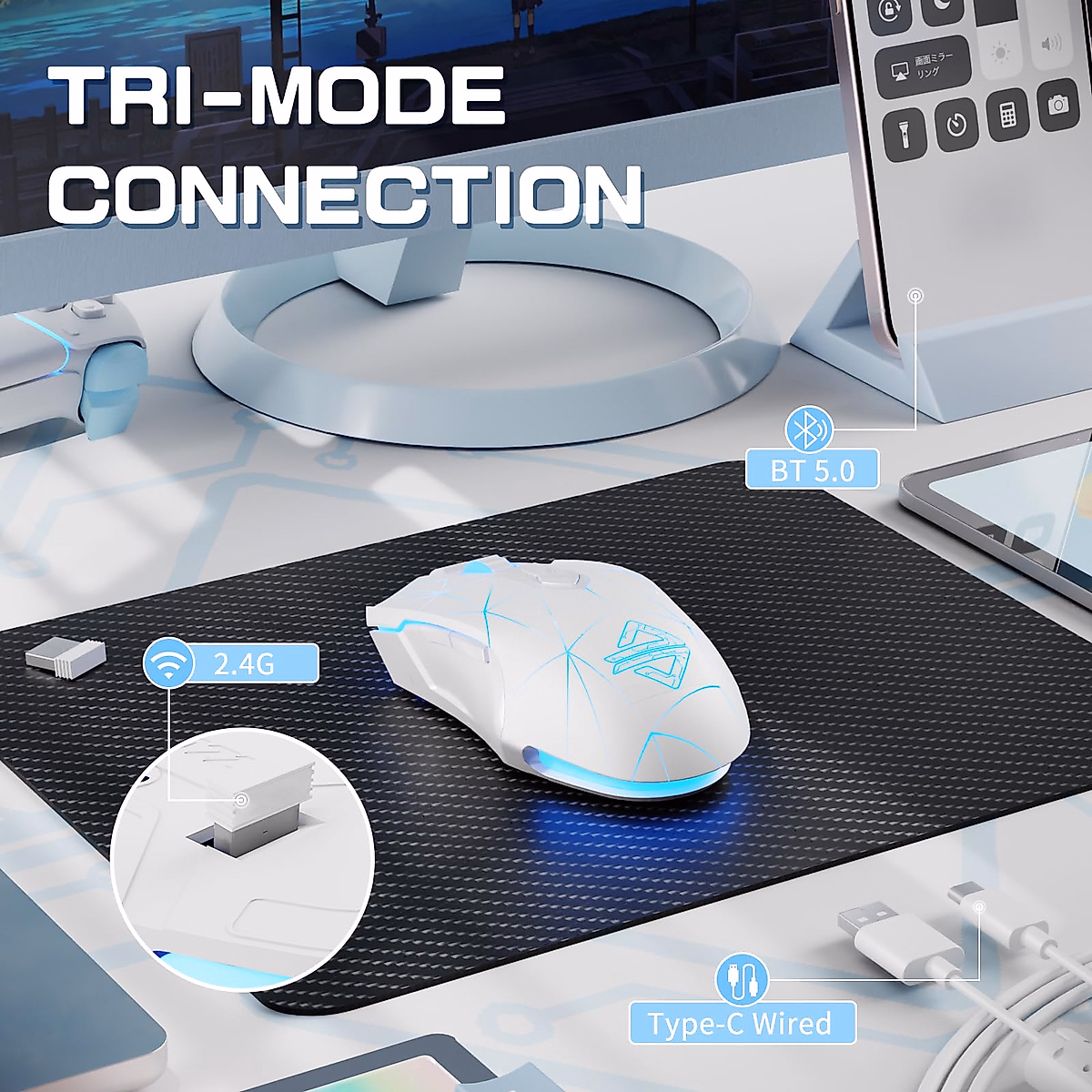 AJ52PRO Wired Wireless Bluetooth Gaming Mouse with RGB LED Backlight Adjustable 10000DPI Ergonomic 7 Programmable Button Rechargeable 800mAh Battery 2.4Ghz USB Receiver for PC Mac PS4 Gamer(StarWhite)