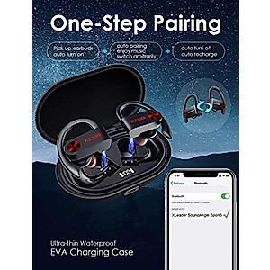 XLEADER Wireless Sports Earbuds Sport3 Pro Bluetooth Earphones with LED Display Charging Case 48H Playtime IPX7 Waterproof Deep Bass Microphone for Running Workout Gym Red