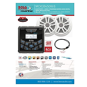 BOSS Audio Systems MCKGB450W.6 6.5 Inch Speakers & Marine Boat Gauge Stereo - Bluetooth Head Unit, No CD DVD Player, AM/FM Radio Receiver, NOAA Weather Band, IPX6 Weatherproof, USB