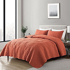 Burnt Orange Quilts Queen Size Bedding Sets with Pillow Shams, Red Lightweight Soft Bedspread Coverlet, Quilted Blanket Thin Comforter Bed Cover, All Season Summer Spring, 3 Pieces, 90x90 inches