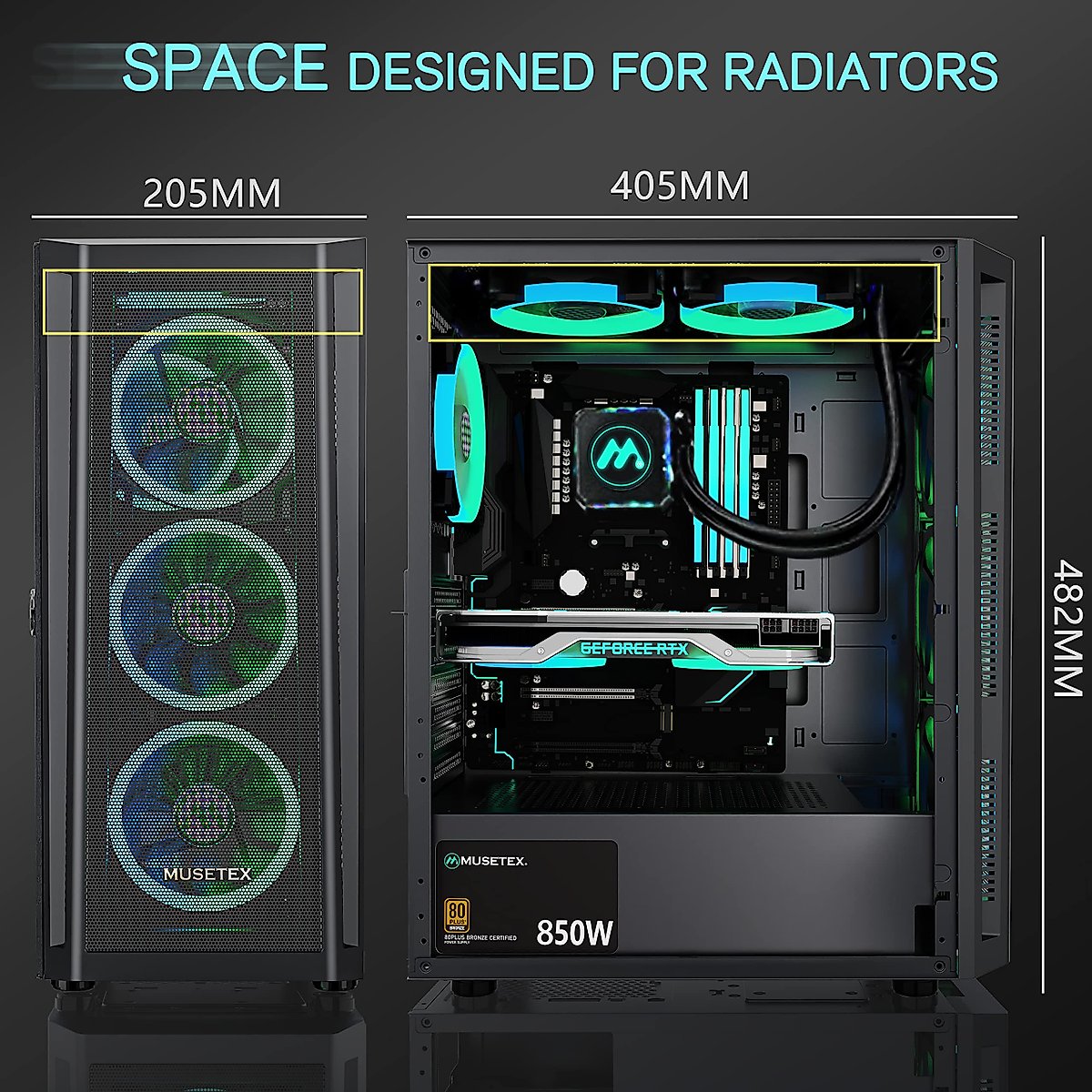 MUSETEX ATX PC Case Pre-Install 6 PWM ARGB Fans, Mid Tower Gaming Case with Opening Tempered Glass Side Panel Door, Mesh Computer Case, TW8