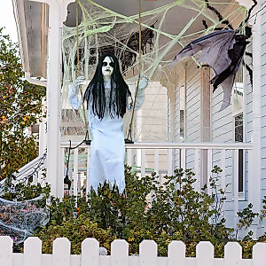PARTYGEARS Halloween Decorations Props Hanging Swinging Girl with Creepy Expressions, Hanging Ghosts The Best Indoor and Outdoor Decorations for Halloween(White)