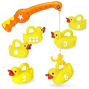 Kidzlane Bathtub Toys Fishing Game - 1 Toy Fishing Pole and 6 Rubber Ducks - Teaches Numbers & Shapes - Great Learning bath toy for Babies, Toddlers & Kids