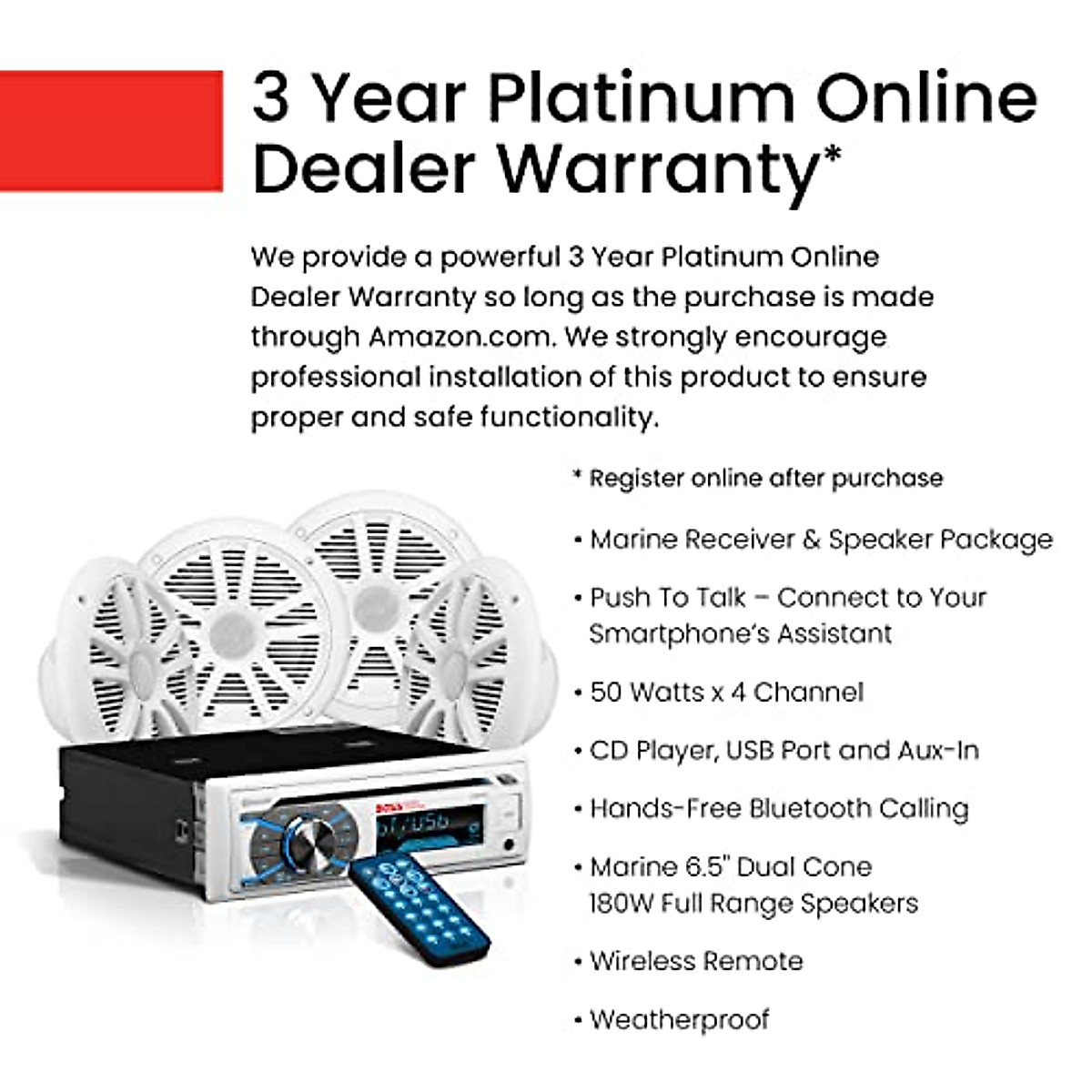 BOSS Audio Systems MCK508WB.64S Marine Boat Stereo Sound System Speaker Package - Single Din Radio Receiver Head Unit, No CD Player, Bluetooth Audio, Two 6.5 Inch Full Range Speakers, Dipole Antenna