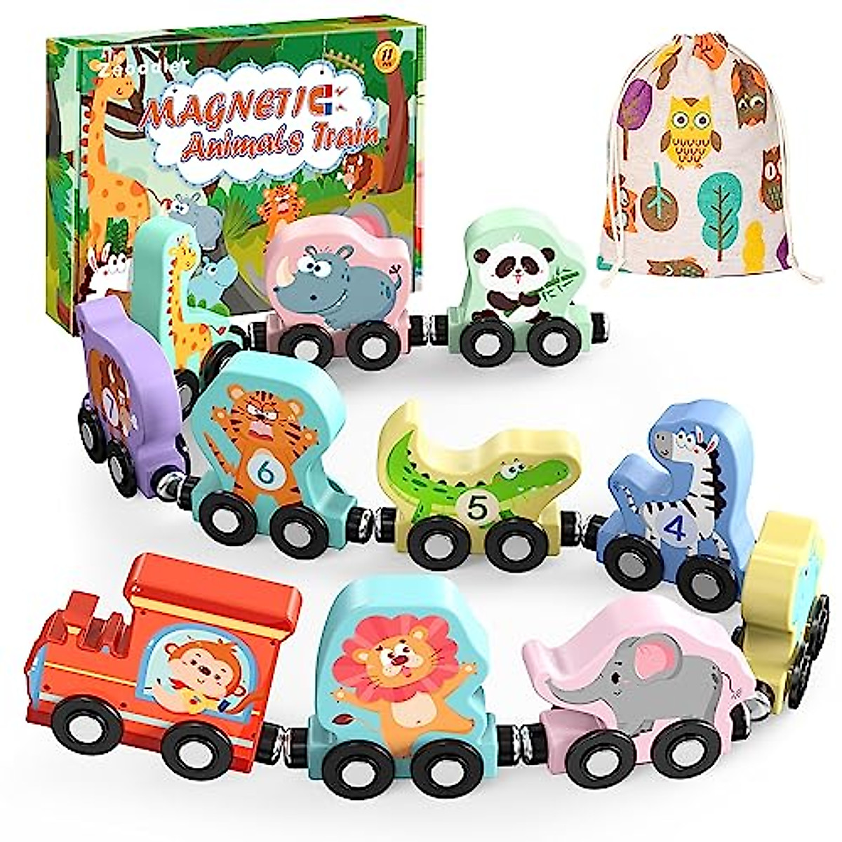 Zeoddler Toys for Toddlers, 11 PCS Magnetic Wooden Animals Train Set, Montessori Toys for Toddlers, Preschool Learning Activities for Kids, Birthday Gifts for Boys, Girls