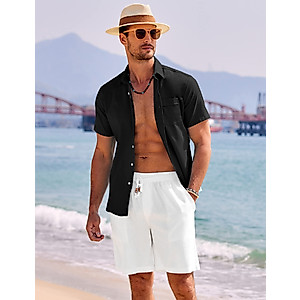 COOFANDY Mens Casual Button Down Shirts Short Sleeve Cuban Guayabera Shirt Summer Beach Top Linen Shirt Black