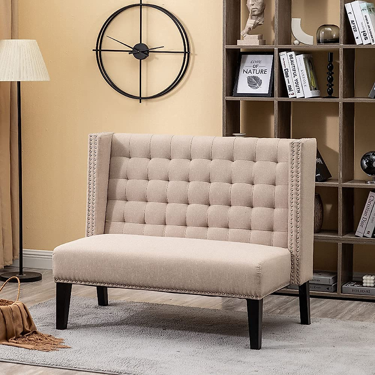 Andeworld Modern Loveseat Settee Bench Sofa Couch, Upholstered Banquette Dining Bench with Back for Dining Living Room Hallway or Entryway Seating,Putty