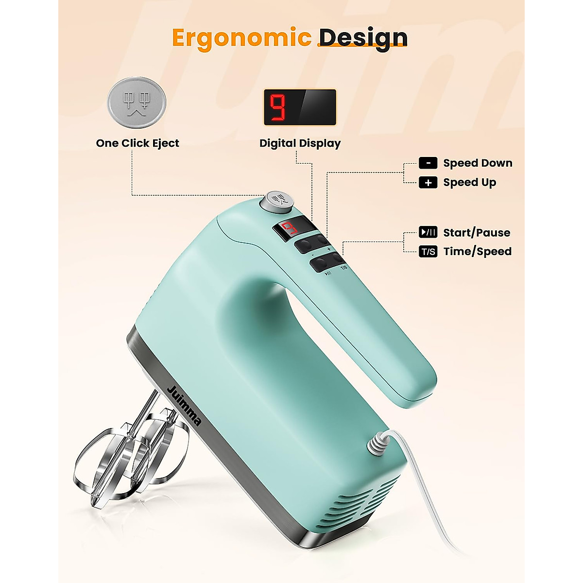 Juimma Hand Mixer Electric Handheld, 9-Speed 400W Kitchen Food Mixer with Digital Display and Touch Button, 5 Min Timer, Storage Case, 6 Stainless Steel Accessories, for Eggs Cream Cake Dough, Mint