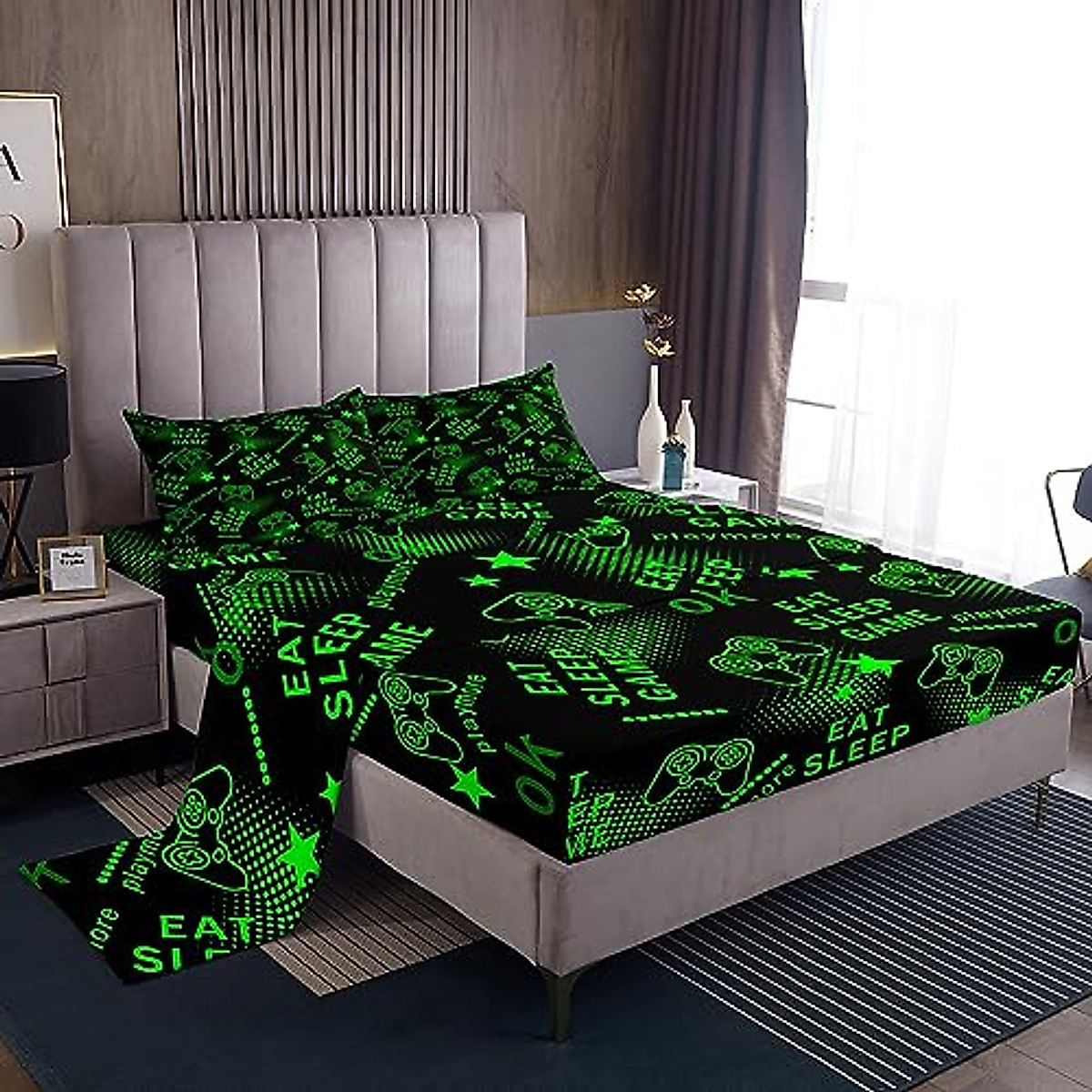 Teen Gaming Bed Sheets Gamepad Game Geometric Pattern Sheet Set for Kids Boys Girls Green Decor Bed Set Eat Sleep Play Gaming Sheets Room 4Pcs Full Size