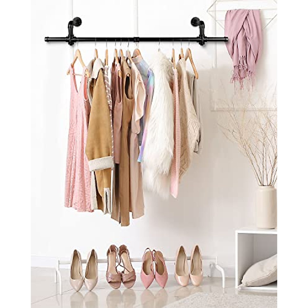 MUZIK 2Pcs Clothes Rack, 45 Inch Industrial Pipe Wall Mounted Garment Rack, Multi-Purpose Closet Rods for Hanging Clothes, Heavy Duty Detachable Hanging Rod for Laundry Room and Closet Storage