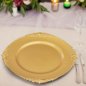 Okllen 12 Pack Gold Charger Plates, 13" Round Charger Plates with Embossed Rim, Decorative Dinner Charger Serving Plates for Catering, Wedding, Tabletop Decor
