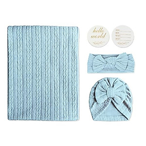 Baby Blankets,5PCS Security Blanket for Babies - Swaddle Adjustable Wearable Blanket, 5pcs Newborn Accessories Set with Hello World Wooden Birth Announcement Card, Baby Blankets for Boys&Girls (Blue)