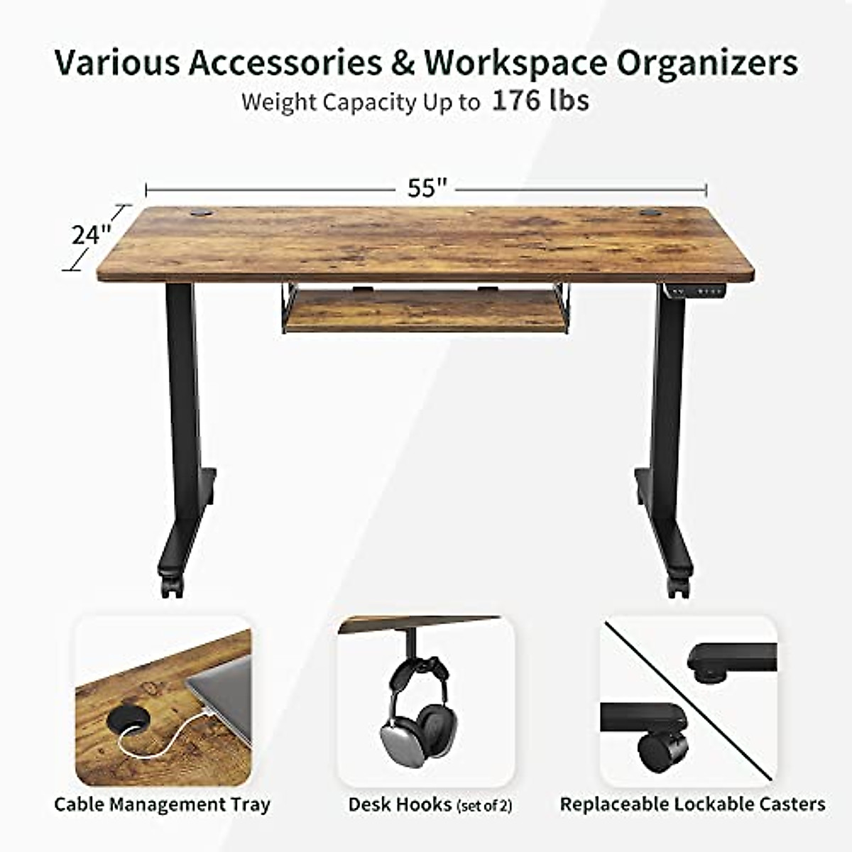 FEZIBO Standing Desk with Keyboard Tray, 55 × 24 Inches Electric Height Adjustable Desk, Sit Stand Up Desk, Computer Office Desk, Rustic Brown