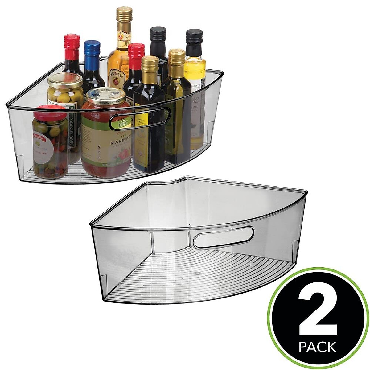 mDesign Kitchen Cabinet Plastic Lazy Susan Storage Turntable Organizer Bins w/Built-In Handle - Large Triangle Corner Dividers for Pantry - 1/4 Wedge, 6" Deep - Ligne Collection - 2 Pack - Smoke Gray