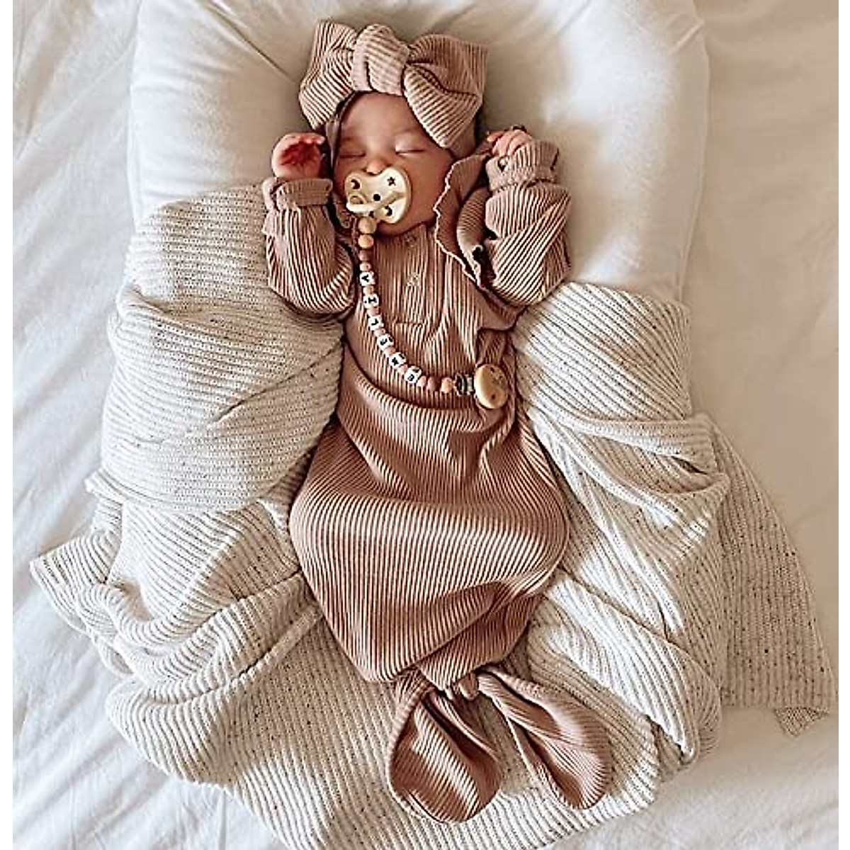 Twopumpkin Baby Girl Boy Coming Home Knotted Gown Unisex Newborn Infant Sleep Onesie Outfit Cute Baby Winter Pajamas (E Ruffle Ribbed Gray, 0-3 Months)