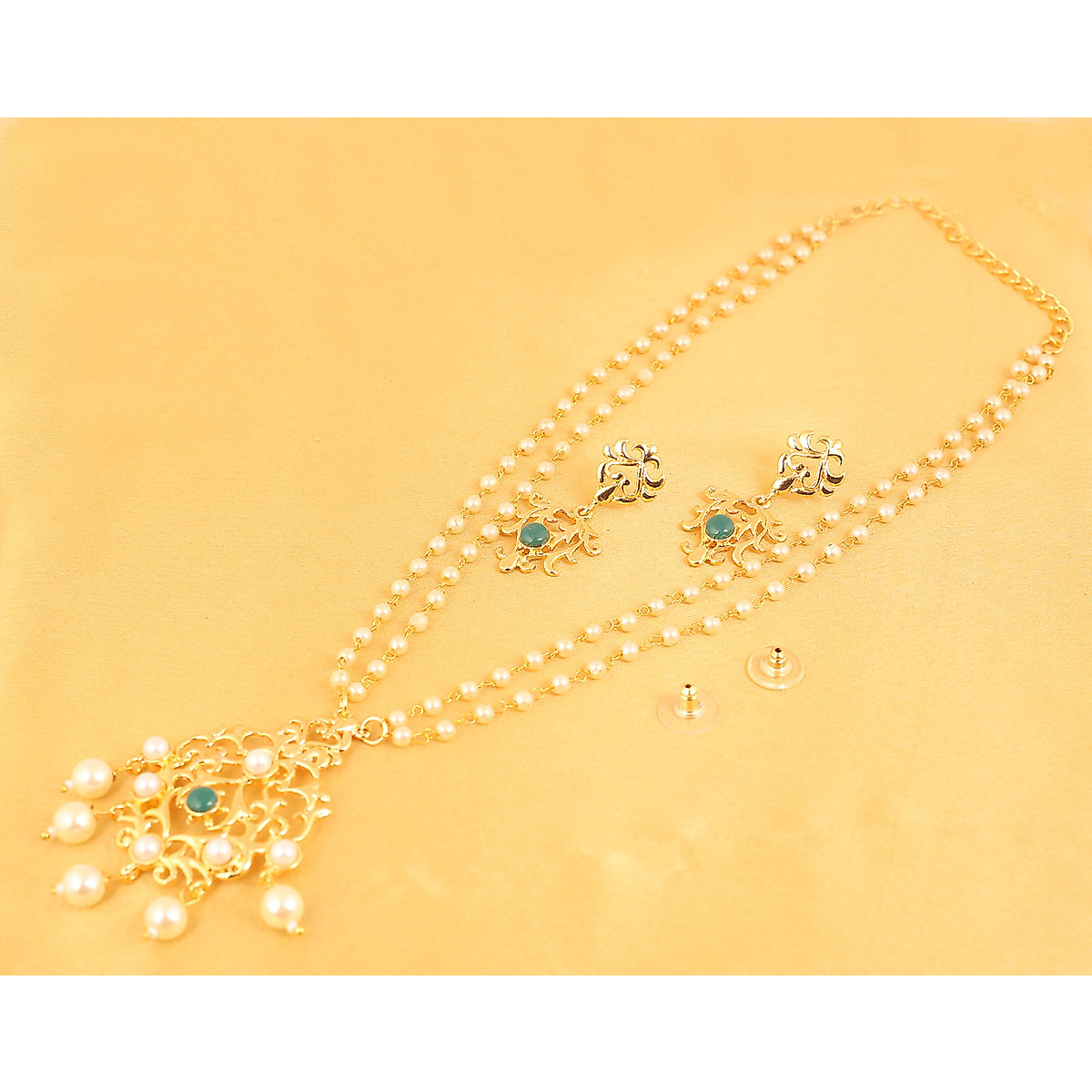 Touchstone NEW Contemporary Kundan Collection Indian Bollywood Sober and Classy Look Traditional Kundan Polki Faux Pearls Faux Emerald Long Designer Jewelry Pendant Set in Gold Tone for Women.