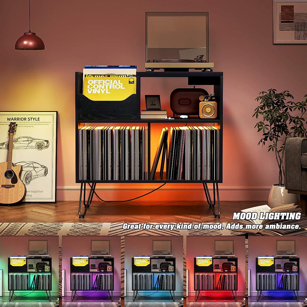 TC-HOMENY Record Player Stand with Vibration-Isolated Turntable Design, Vinyl Record Storage Table with Charging Station, Mid-Century Modern Turntable Stand (Black)