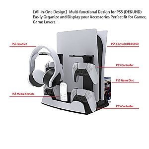 EJGAME Vertical Stand Dual Charging Station with Suction Cooling Fan Compatible with PS5 Console and PS5 Digital Edition, Built-in Headset Holder,Media Remote Stand and13 Game Rack Organizer