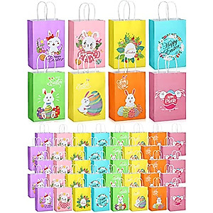 48 Pcs Easter Bunny Gift Bags with Handle, Easter Egg Candy Bags Easter Bags for Treats Easter Egg Hunt Bags Easter Paper Bag for Party Supplies, Goodie Treat Bag