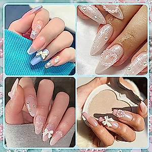 600Pcs 3D Multi Shapes Nail Charms and Flatback Pearls, White Mix Styles Heart Star Bow Sunflower Embellishments for Nail Art, Craft and Decoration with Glue Gel, Tweezer and Pickup Pencil