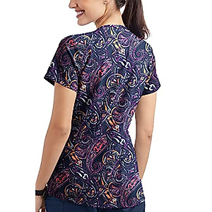 Tafford Active Stretch Women's Elegant Paisley Navy Print Scrub Top – Rounded V-Neck Medical Scrub Top (3X-Large)