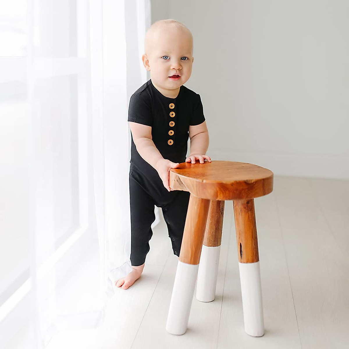 Posh Peanut Baby Rompers Pajamas - Newborn Sleepers Unisex Clothes - Kids One Piece PJ - Soft Viscose from Bamboo (Solid Ribbed Black, 6-9 Months)