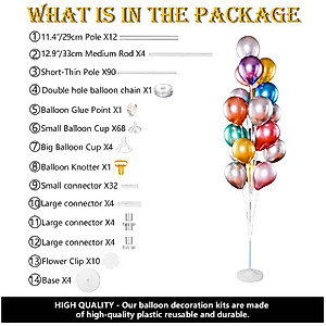 4 Set Balloon Column Stand Kit 5 FT, Balloon Flower Clips, Balloon Decorating Strips, Glue Points, Knotter for Birthday Baby Shower Wedding Graduation Christmas Bachelorette Holiday Party