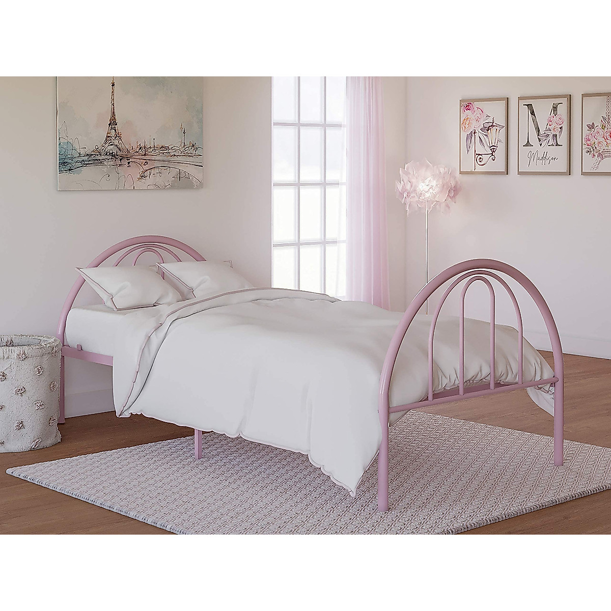 Rack Furniture Brooklyn Twin Size Bed Frame, Steel Classic Rounded Design Bed for Kids with 300 lb. Weight Capacity, No Box Spring Required (Pink)