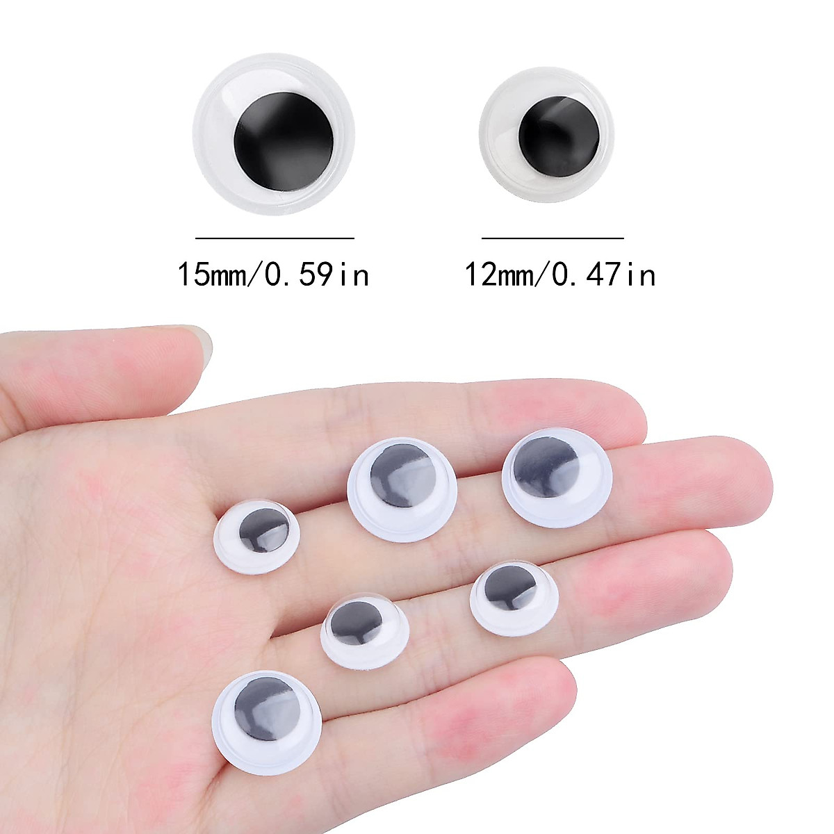 200 Pieces Black Wiggle Eyes Round Plastic Googly Eyes with Self-Adhesive Stickers for DIY Crafts Hand Puppet Weaving Cloth Party Decoration, 12 mm / 15 mm