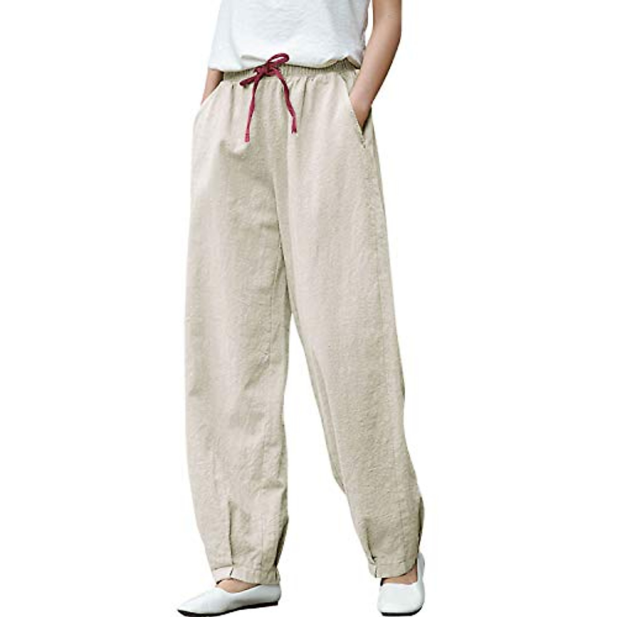 Safeeye Women's Loose Linen Pants Casual Wide Leg Drawstring Striaght Fit Trousers Beige XXL