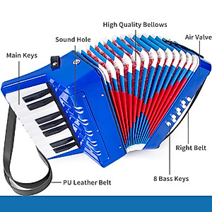 Accordion, 17 Keys Piano Accordion 8 Bass with Straps for Beginners Kids Student Educational Musical Instrument (Blue)