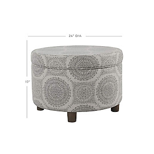 Homepop Home Decor | Upholstered Round Storage Ottoman | Ottoman with Storage for Living Room & Bedroom (Grey Medallion) 24.0 In. X 24.0 In. X 17.0 In.