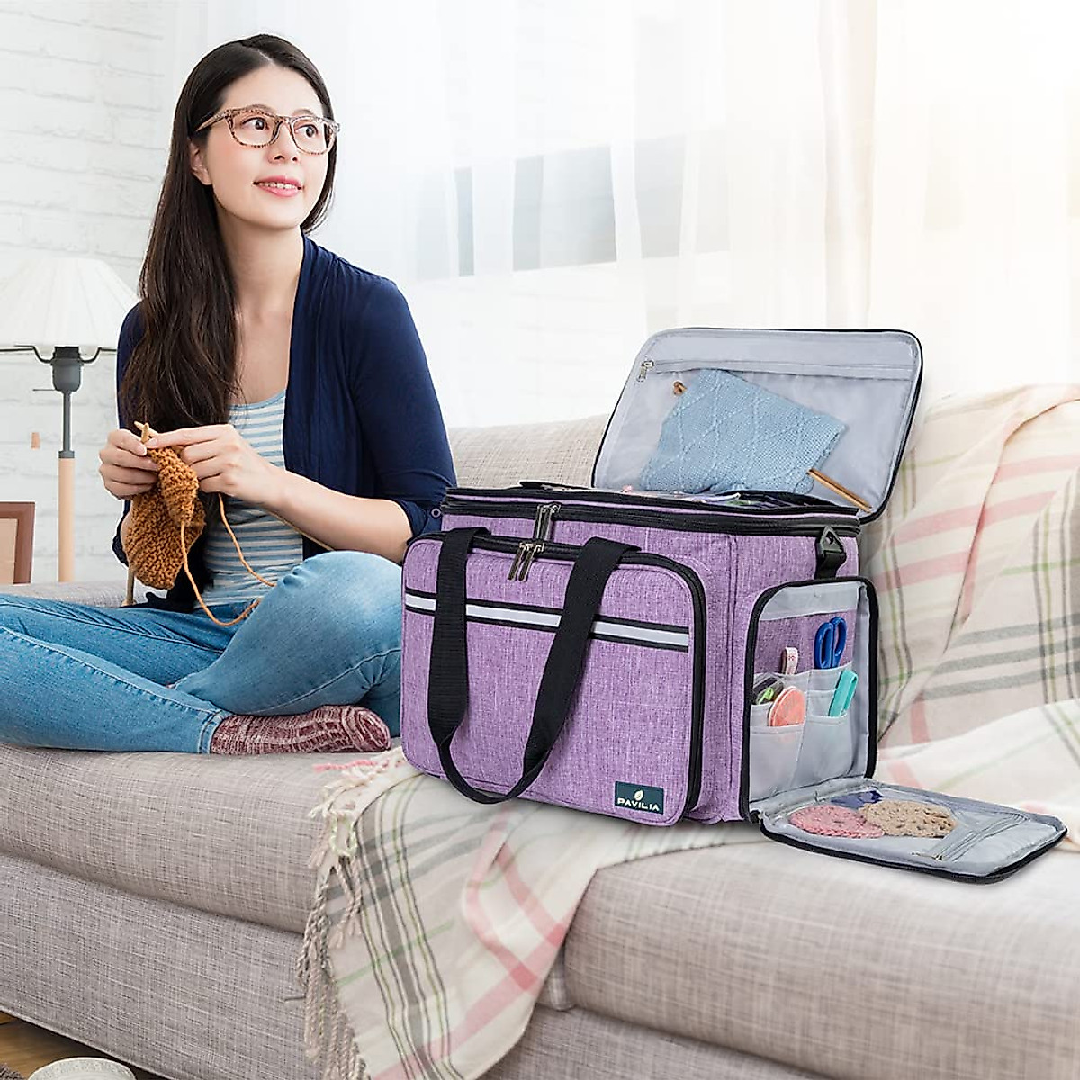 PAVILIA Knitting Bag Yarn Storage Tote - Crochet Organizer Bag, Yarn Storage Holder with Dividers for Knitting Accessories, Yarn Skiens, Needles, Hooks, Unfinished Project (Heather Purple)