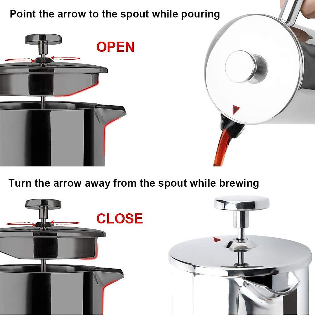 Secura French Press Coffee Maker, 304 Grade Stainless Steel Insulated Coffee Press with 2 Extra Screens, 34oz (1 Litre), Silver