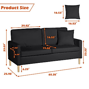 AILEEKISS 66" Loveseat Sofa Couch with 2 USB, Mid Century Modern Love Seat Couches for Living Room, PU Leather Upholstered 3-Seat Sofas for Bedroom, Apartments, Office (Black)