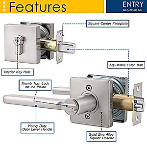 Brotima 5 Pack Square Heavy Duty Keyed Alike Front Door Entry Lever Lockset and Double Cylinder Deadbolt Combination Set with Same Key, Satin Nickel Finish, Reversible for Right/Left Hand