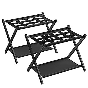 SONGMICS Luggage Racks for Guest Room, Set of 2, Suitcase Stand with Fabric Storage Shelf, Foldable for Space-Saving Storage, Steel Frame, Hotel, Bedroom, Black URLR004B02