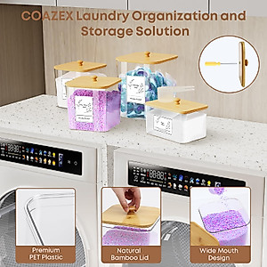 COAZEX 4 Pack Clear Laundry Pods Container & Dryer Sheet Holder, Plastic Square Laundry Room Organization and Storage Jars with Lids, Scoops & Labels for Detergent, Powder, Dryer Balls, Beads