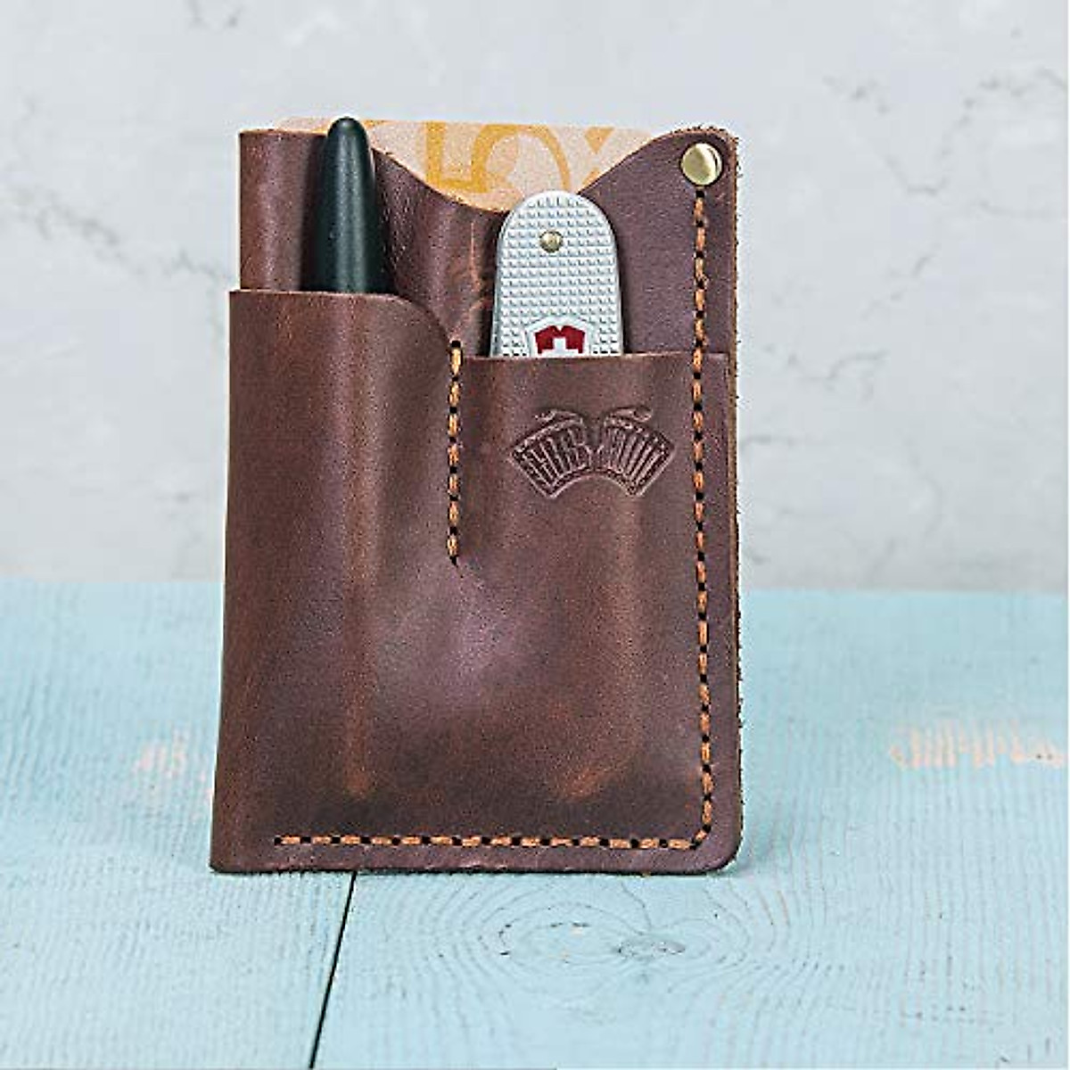 EASYANT Leather EDC Pocket Organizer Men Handmade Sheath Knife Holster Pouch Wallet Brown