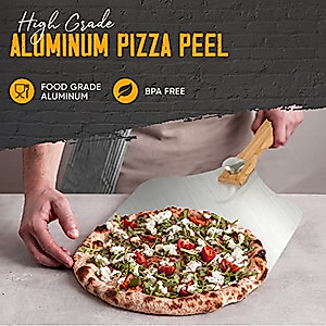 PIZALAA Pizza Peel 12 Inch with Pizza cutter - Aluminium Metal Pizza Paddle with Foldable Wooden Handle for Easy Storage, Pizza Cutter Rocker, Pizza Server, Pizza Oven Accessories, Homemade Pizza