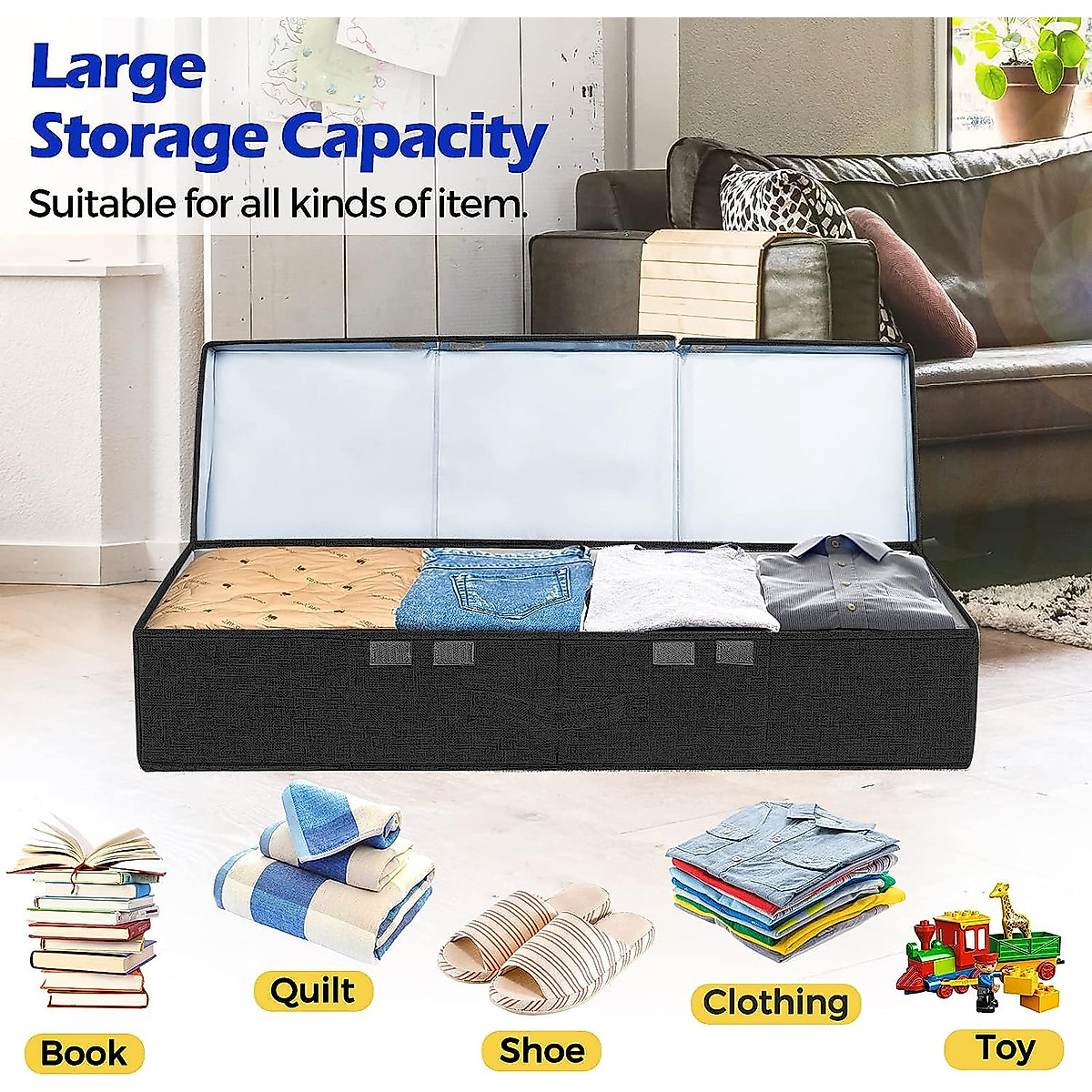 Under Bed Storage, Large Underbed Storage Containers with Lids, Foldable Clothes Storage Bins W/ Reinforced Handle for Bedroom Organization, Closet Organizers for Blanket, Shoe, Pillow -2 Pack, Black