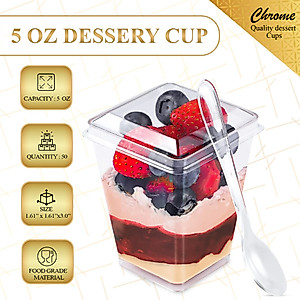 Chrome 50Pack 5oz Plastic Dessert Cups with Lids & Spoons - Ice cream Cups with Stickers, Serving Fruit Trifle Mousse Pudding and More (5oz/ 150ml)