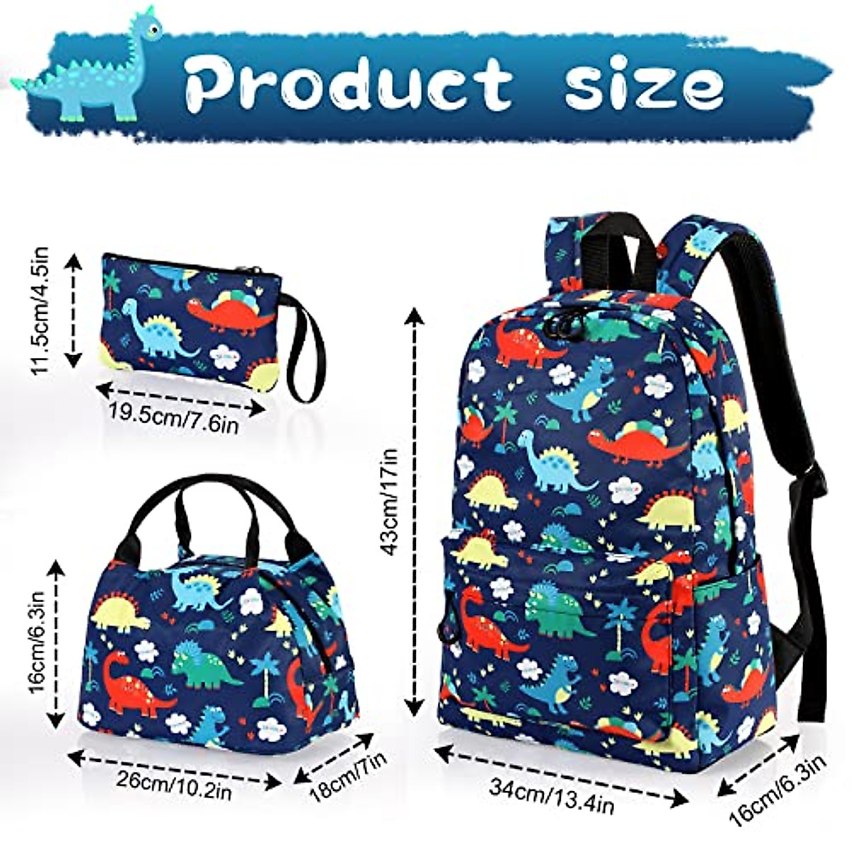 Ancrina Backpack for Kids Dinosaur Bookbag Set School Bag with Lunch Box and Pencil Case Lightweight Kindergarten Elementary