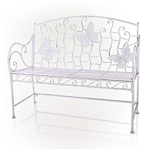 Alpine Corporation Alpine 43" L Indoor/Outdoor 2-Person Metal Garden Butterfly Backrest, White Bench